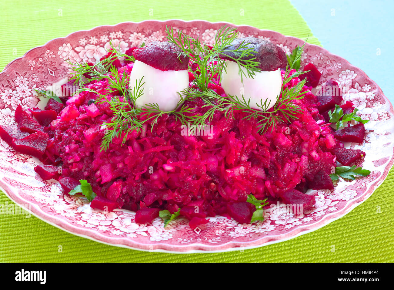 Beetroot salad and funny mushrooms Stock Photo - Alamy