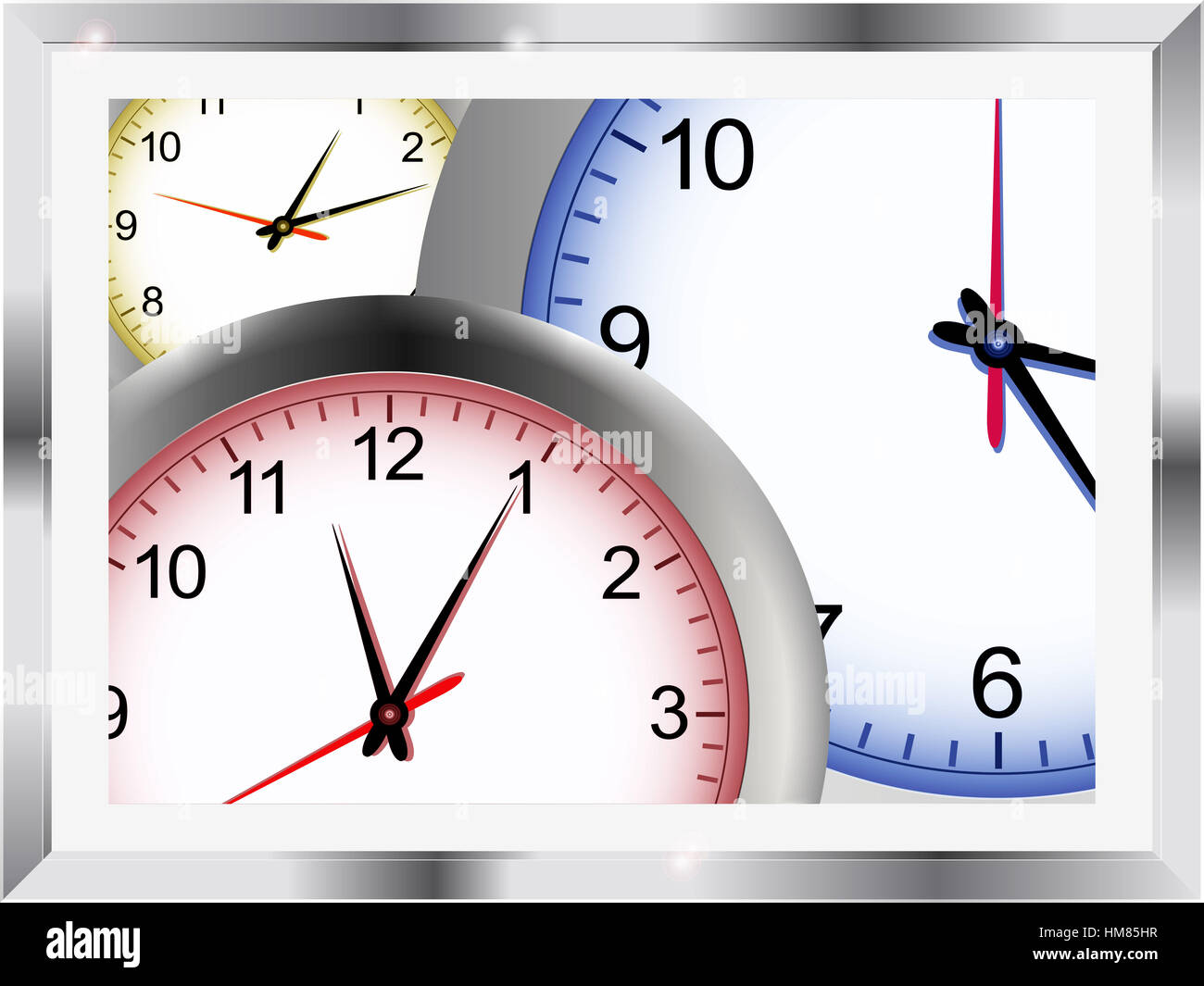 3D Illustration of Clocks in Three Different Colors in a Metallic Frame ...