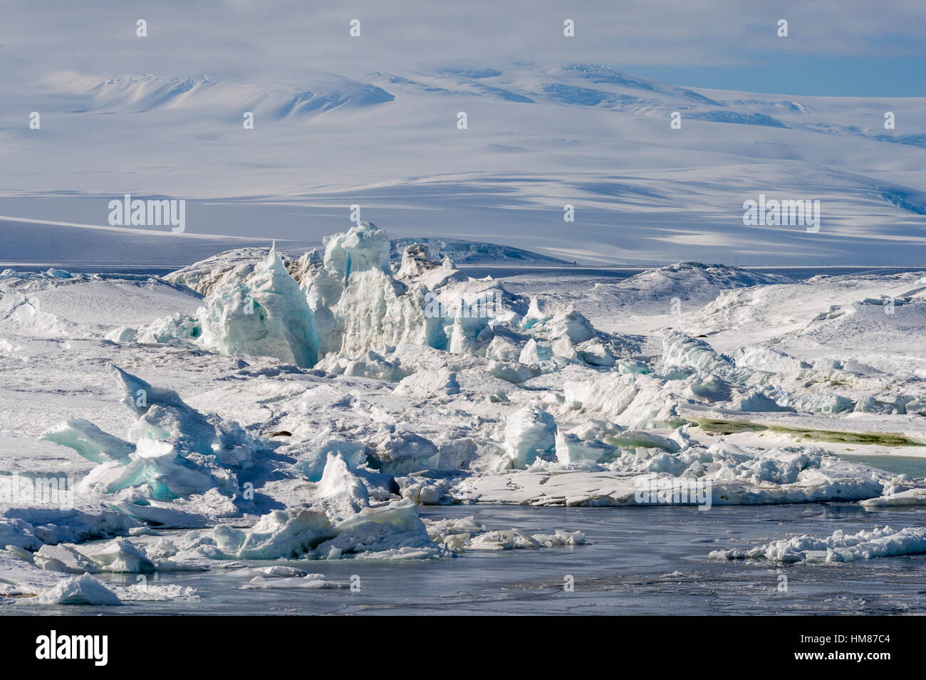 Jagged pressure ridges in the sea ice where it collides with the Ross ...