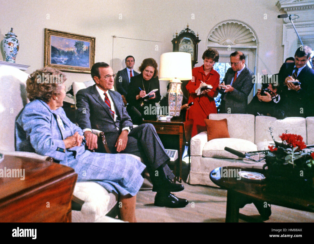 United States President George H.W. Bush speaks to the press pool in ...