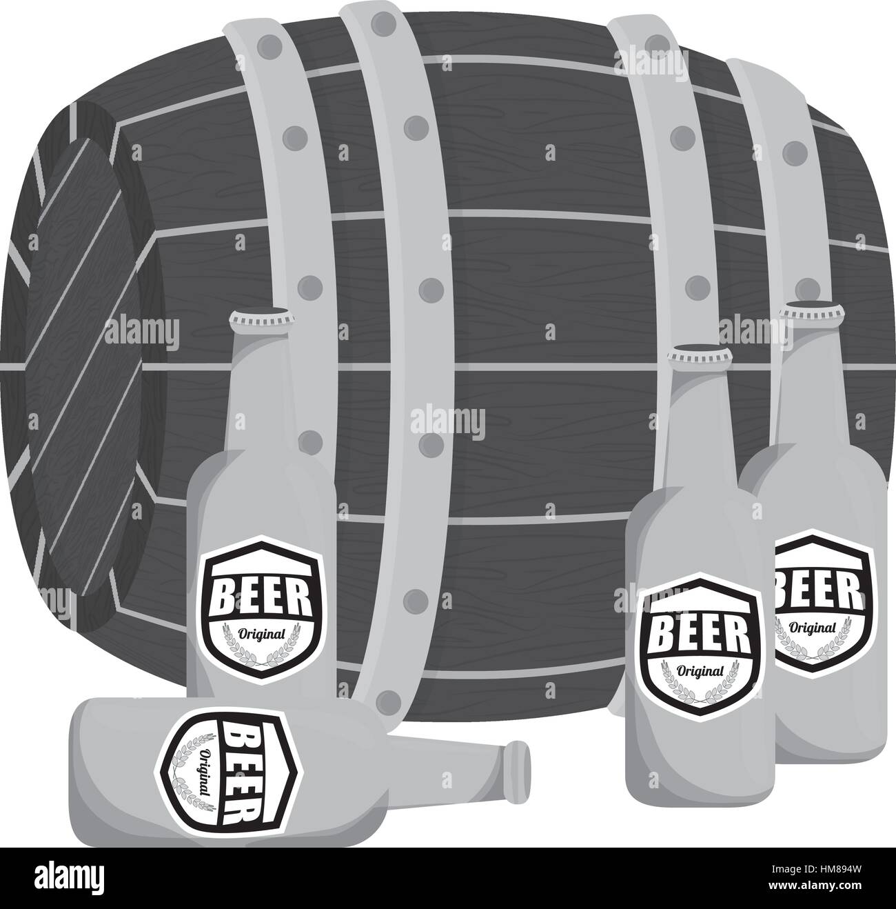 grayscale wooden barrel with bottles of beer design, vector ...
