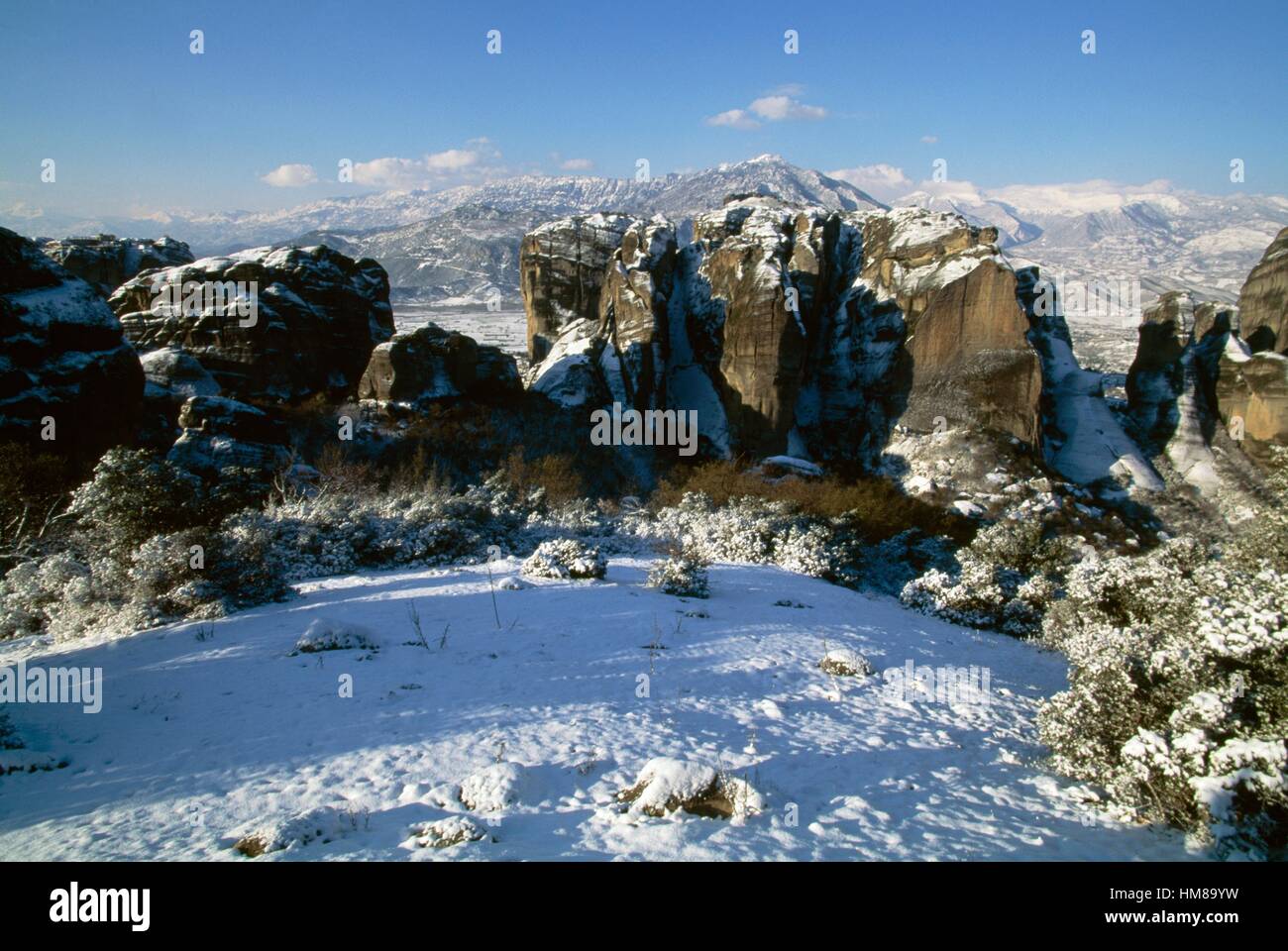 Snow-capped rock pinnacles, Meteora (UNESCO World Heritage List, 1988 ...