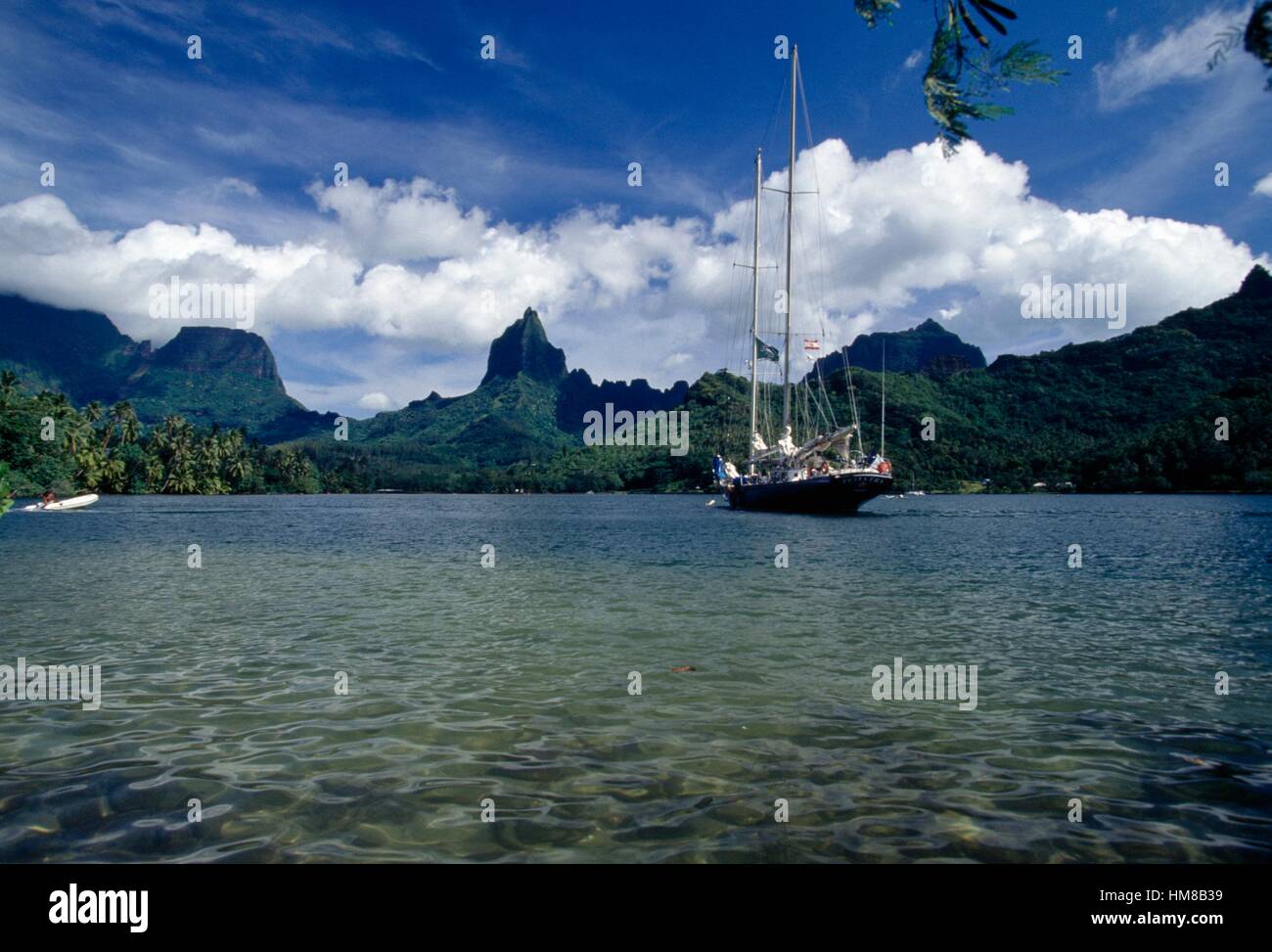 Tall ship sailing in Opunohu bay, Mo'orea, Society islands, French ...