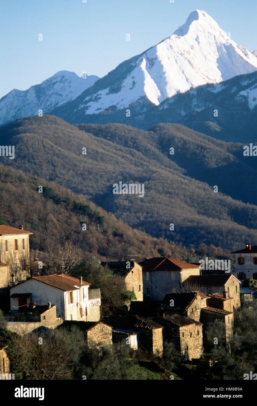 View of Terenzano, village of Fivizzano, with Mount Pisanino in the ...