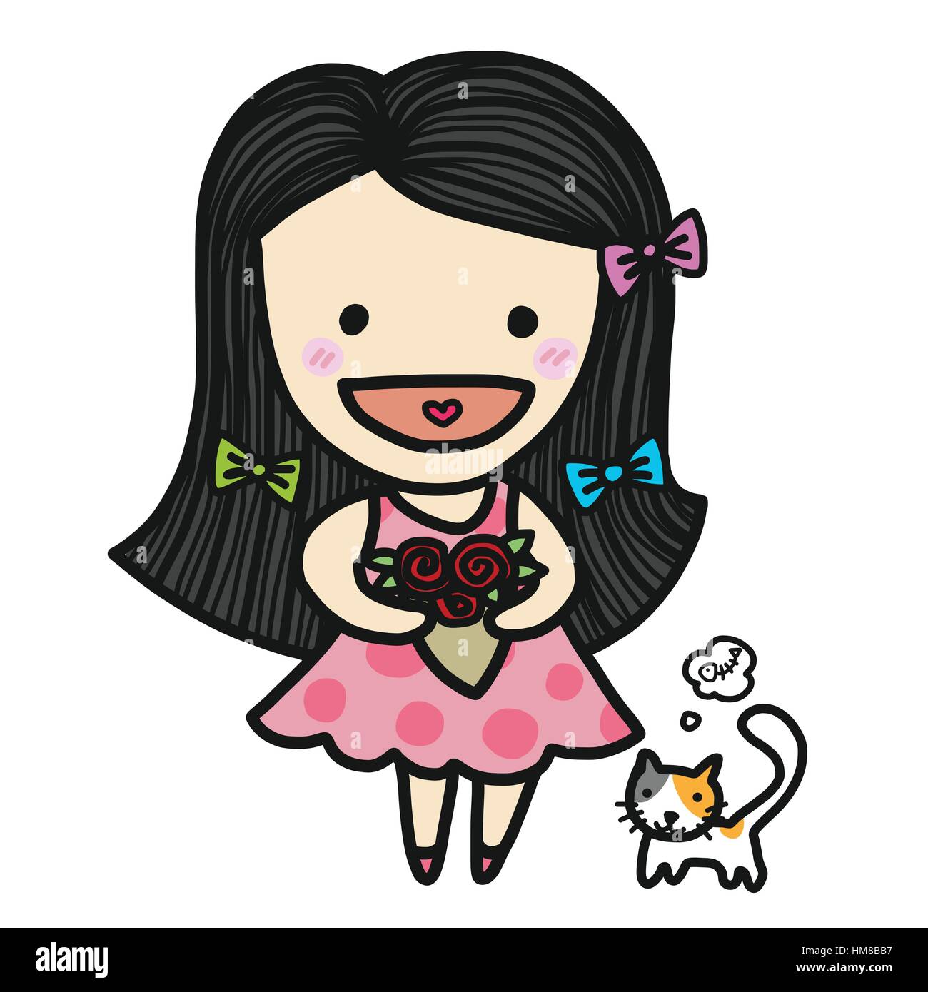 Cute girl in love holding roses bouquet cartoon illustration Stock ...