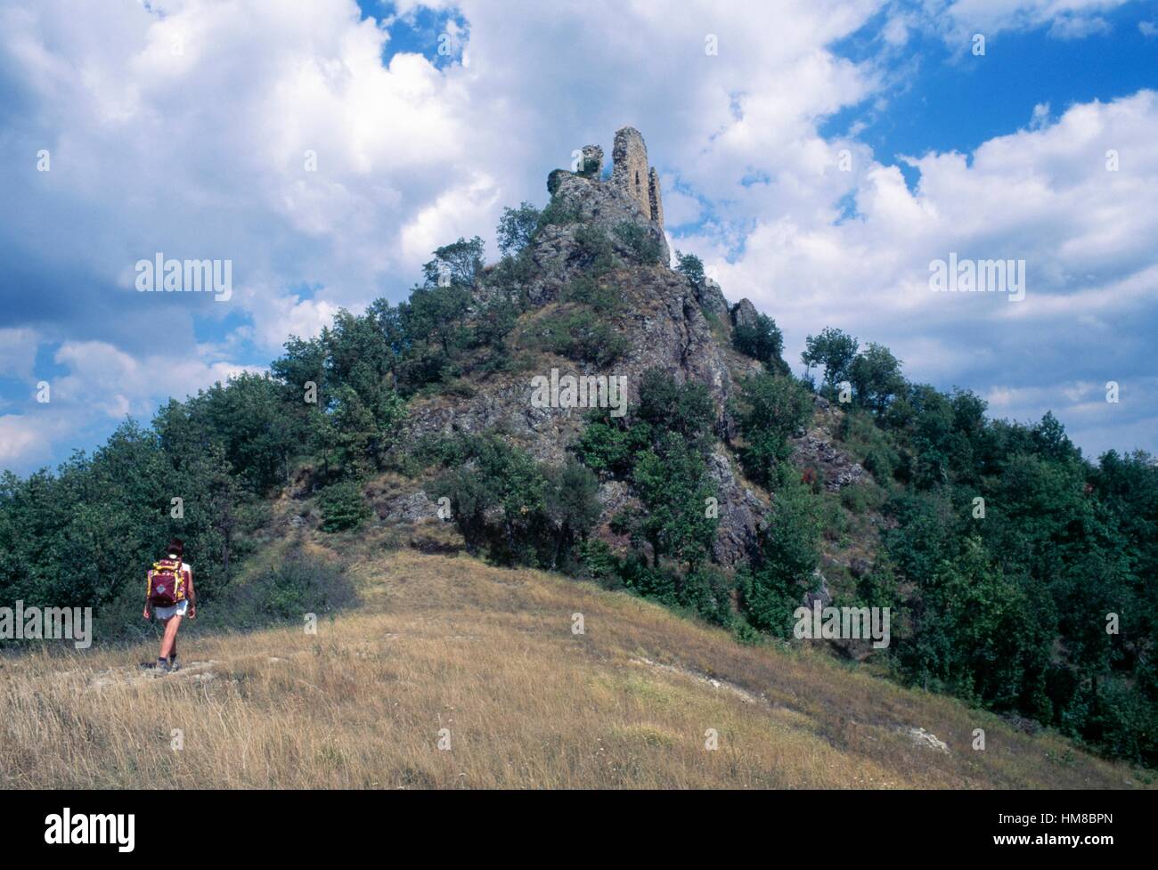 A hiker near Roccalanzona castle, Medesano, Parma hills, Emilia-Romagna ...