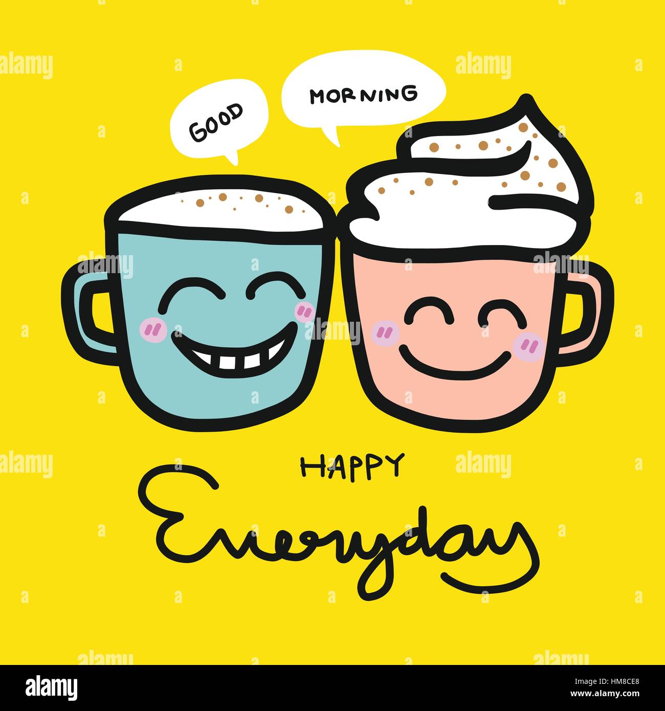 Happy everyday coffee cup cartoon illustration on yellow background ...