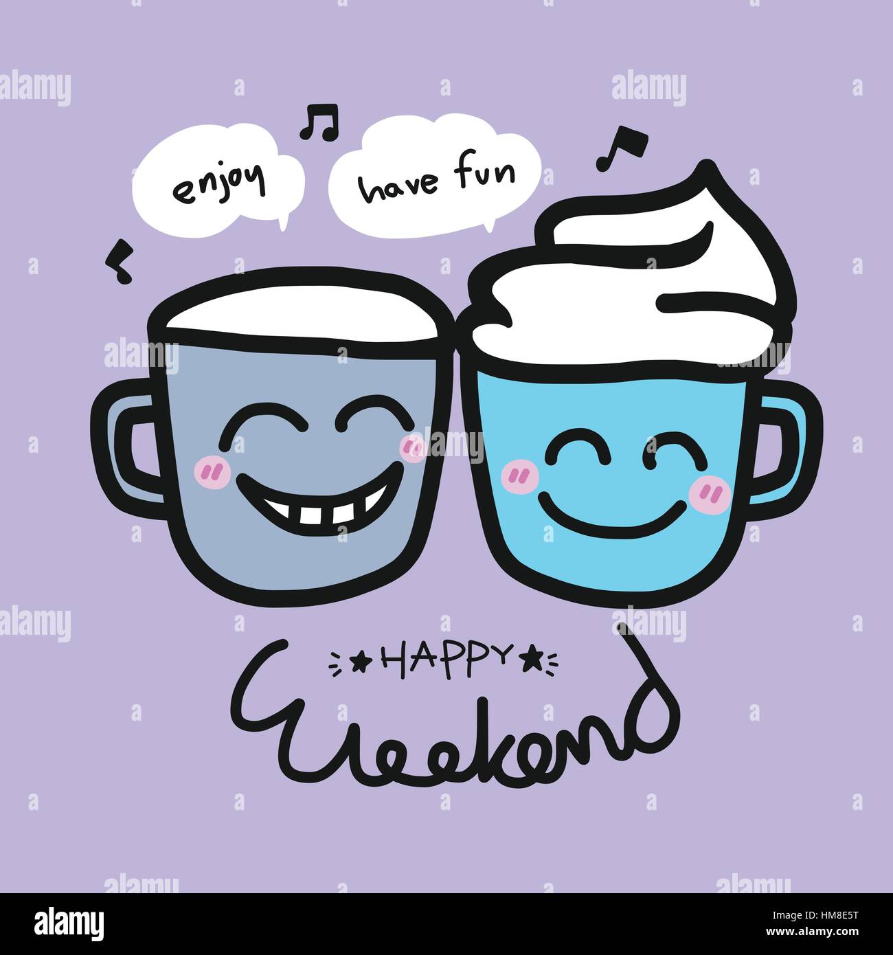 Happy weekend coffee cup cartoon illustration on purple background ...