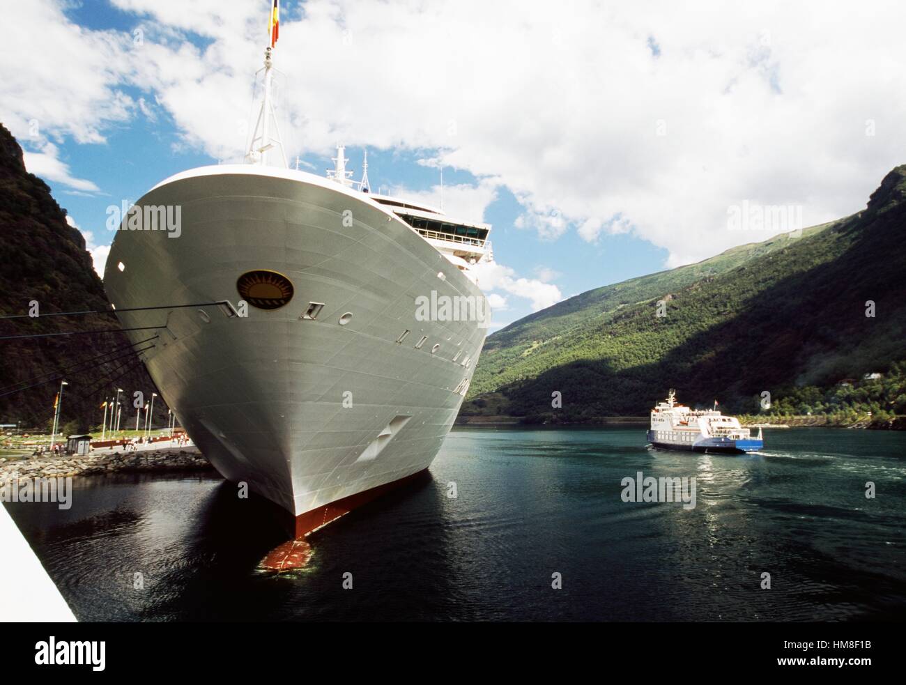 A cruise ship and a ferry in the Aurlandsfjorden near Flam, Sognefjord ...