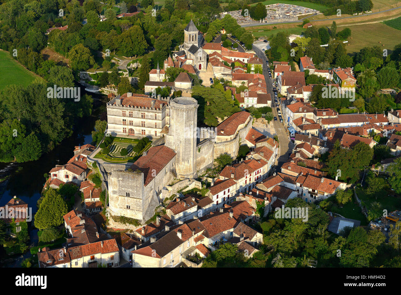 France, Dordogne, aerial view of the western part of Bourdeilles Stock ...