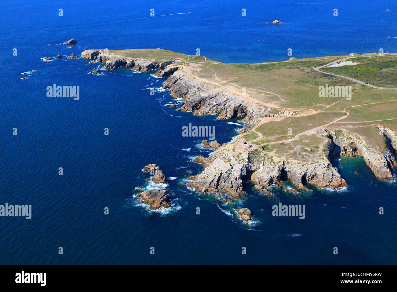France, Western France, aerial view of Quiberon peninsula. Wild coast ...