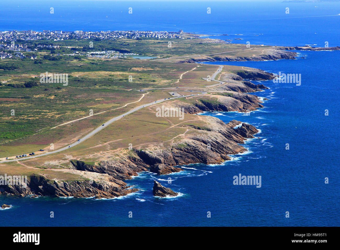 France, Western France, aerial view of Quiberon peninsula. Wild coast ...