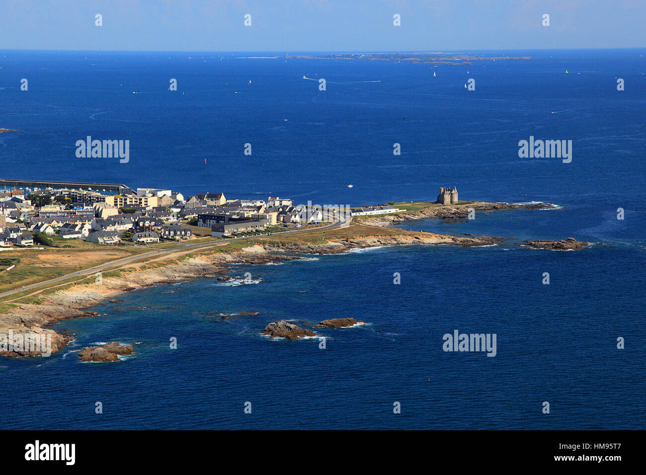 France, Western France, aerial view of Quiberon peninsula. Castle of ...