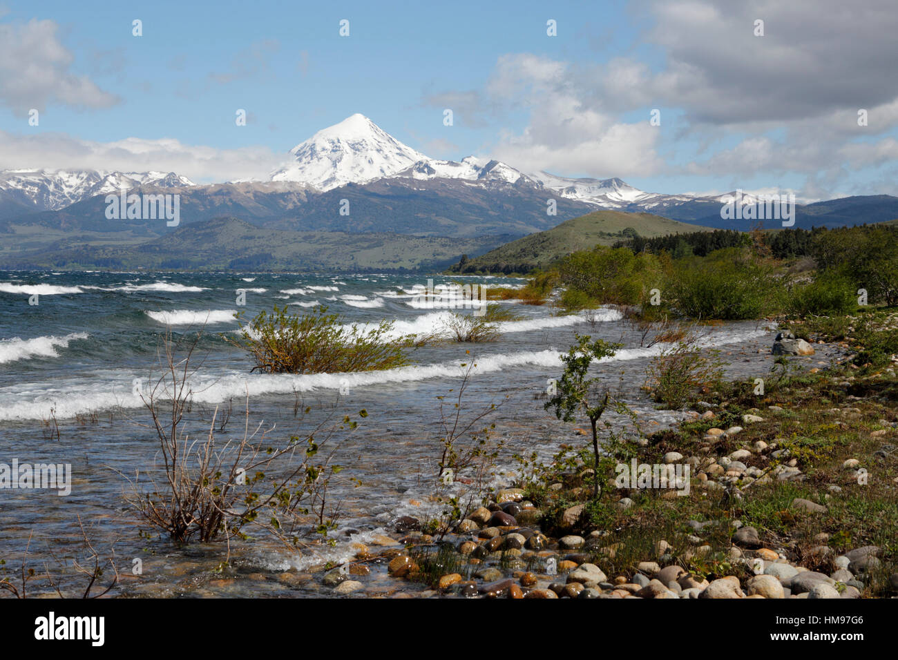 Lanin volcano and Lago Huechulafquen, Lanin National Park, near Junin ...