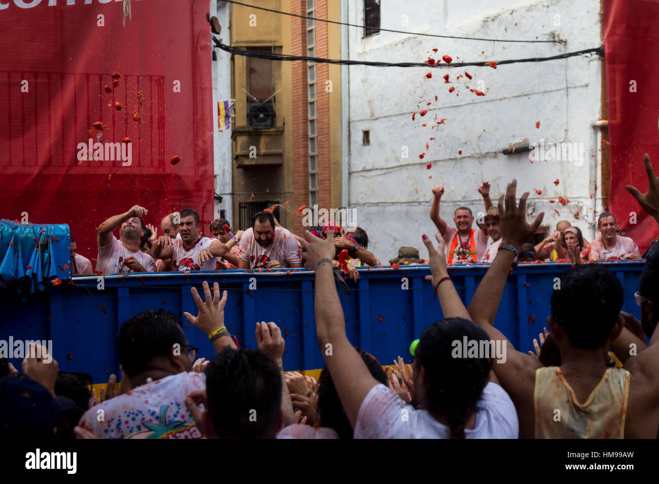The annual "Tomatina", tomato fight fiesta, in the village of Bunol ...