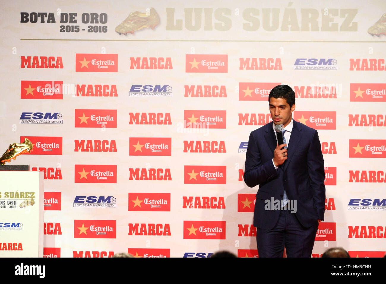 FC Barcelona's Luis Suarez, from Uruguay after receiving the Golden ...
