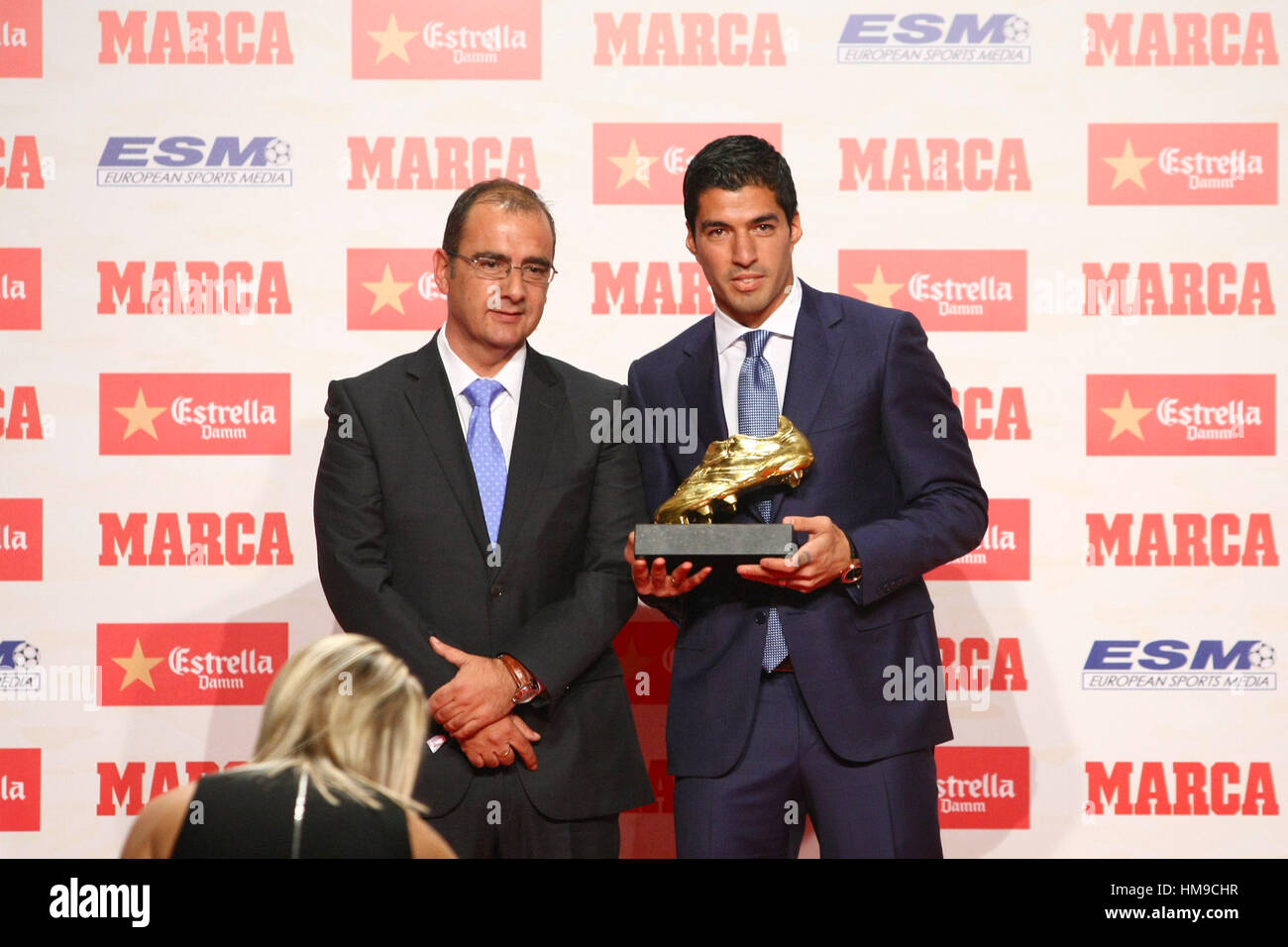 FC Barcelona's Luis Suarez, from Uruguay after receiving the Golden ...