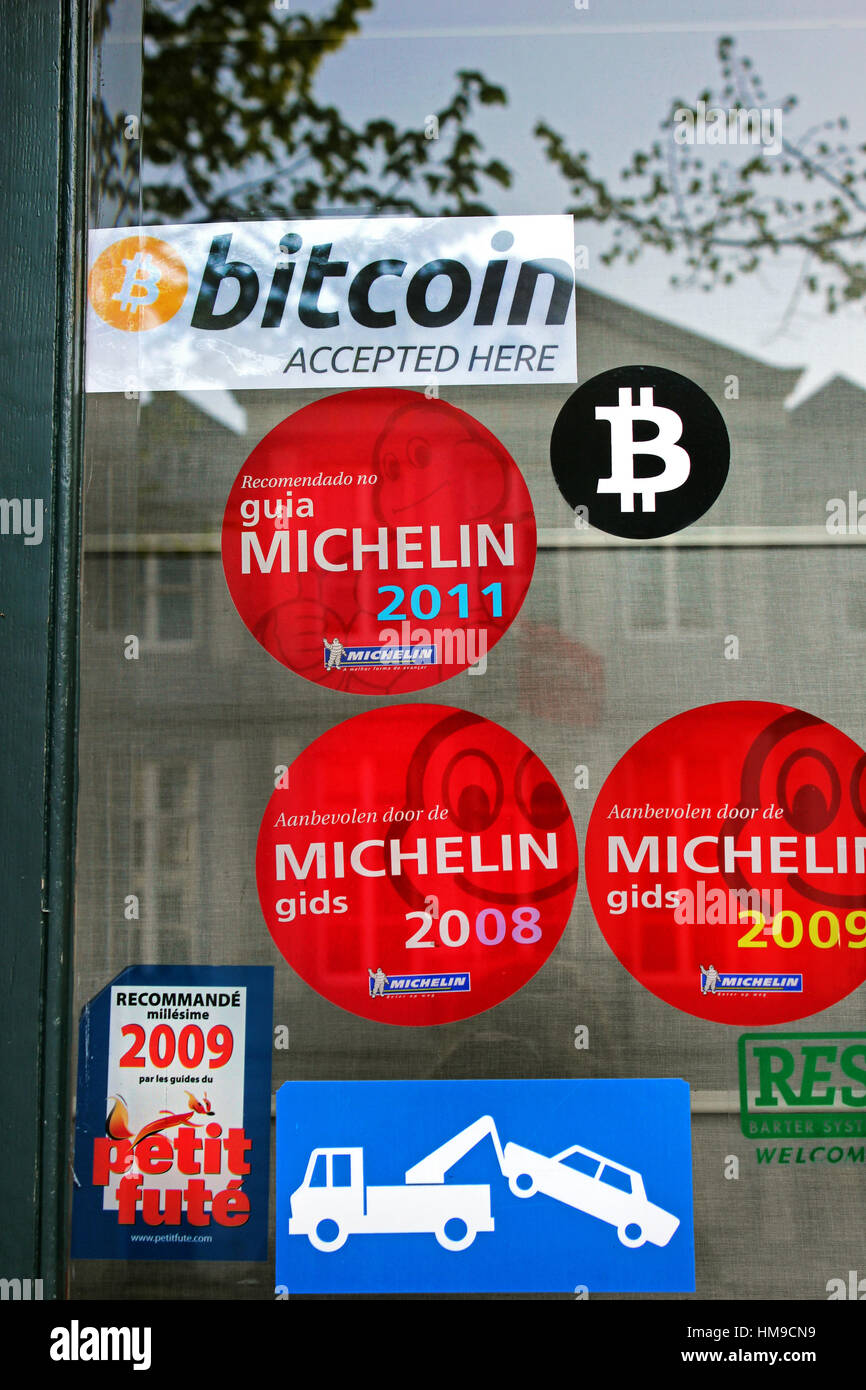 Advert showing that Bitcoin payment is accepted. Bruges, Belgium Stock ...