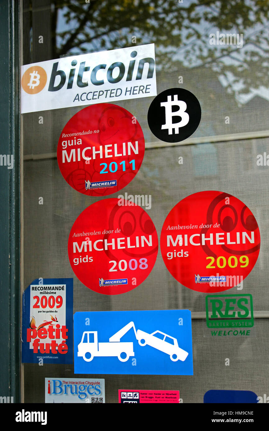 Advert showing that Bitcoin payment is accepted. Bruges, Belgium Stock ...
