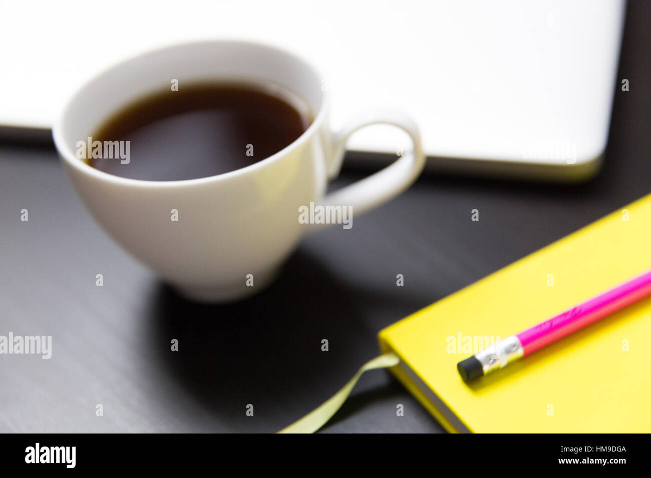 Coffee, notebook and laptop computer Stock Photo - Alamy