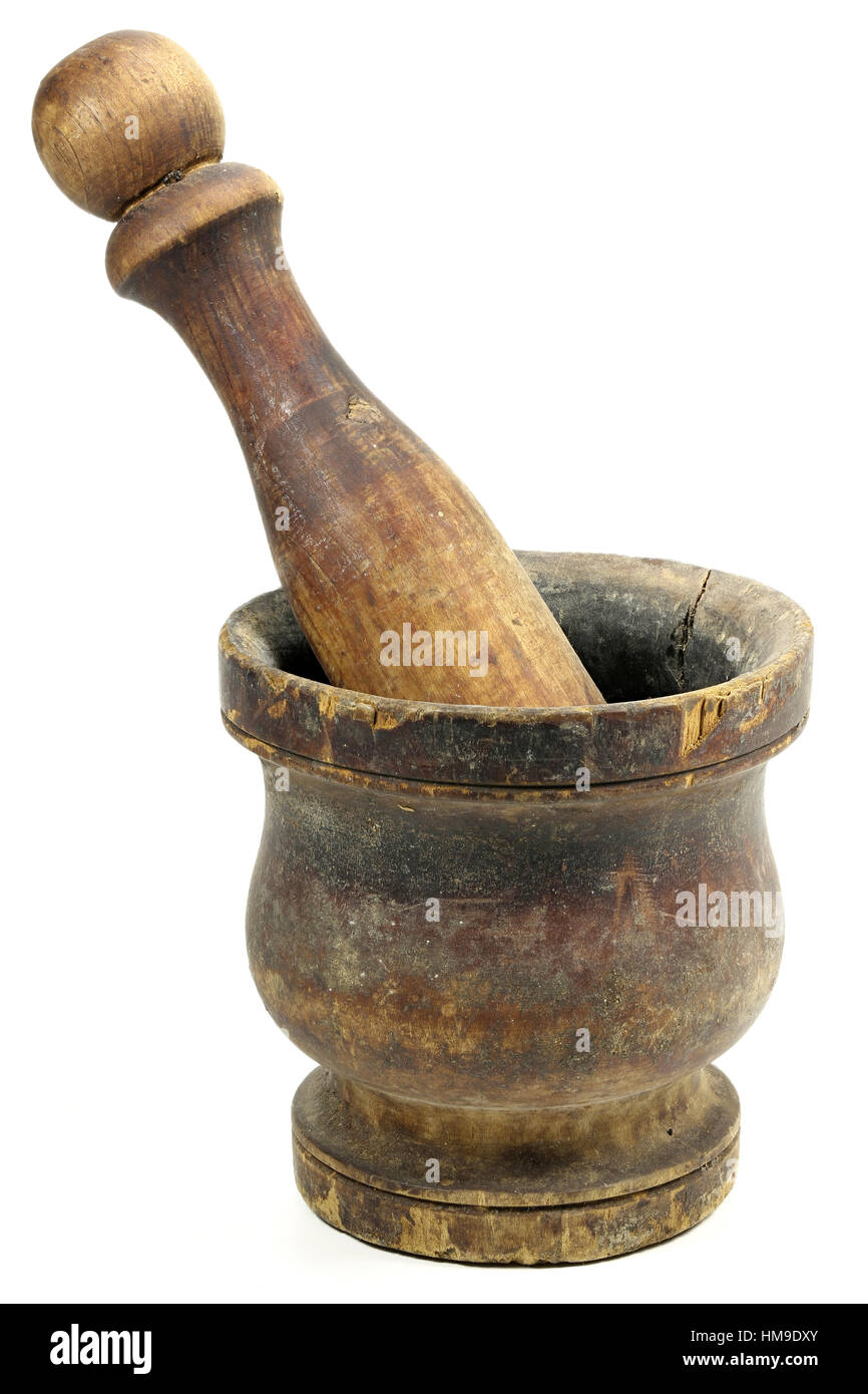 vintage wooden mortar isolated on white background Stock Photo - Alamy