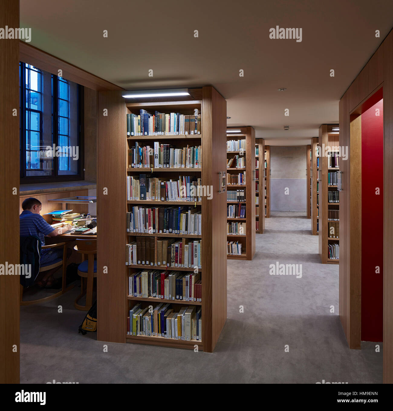 Remodeled interior of Buckler building, book shelves with study desk ...
