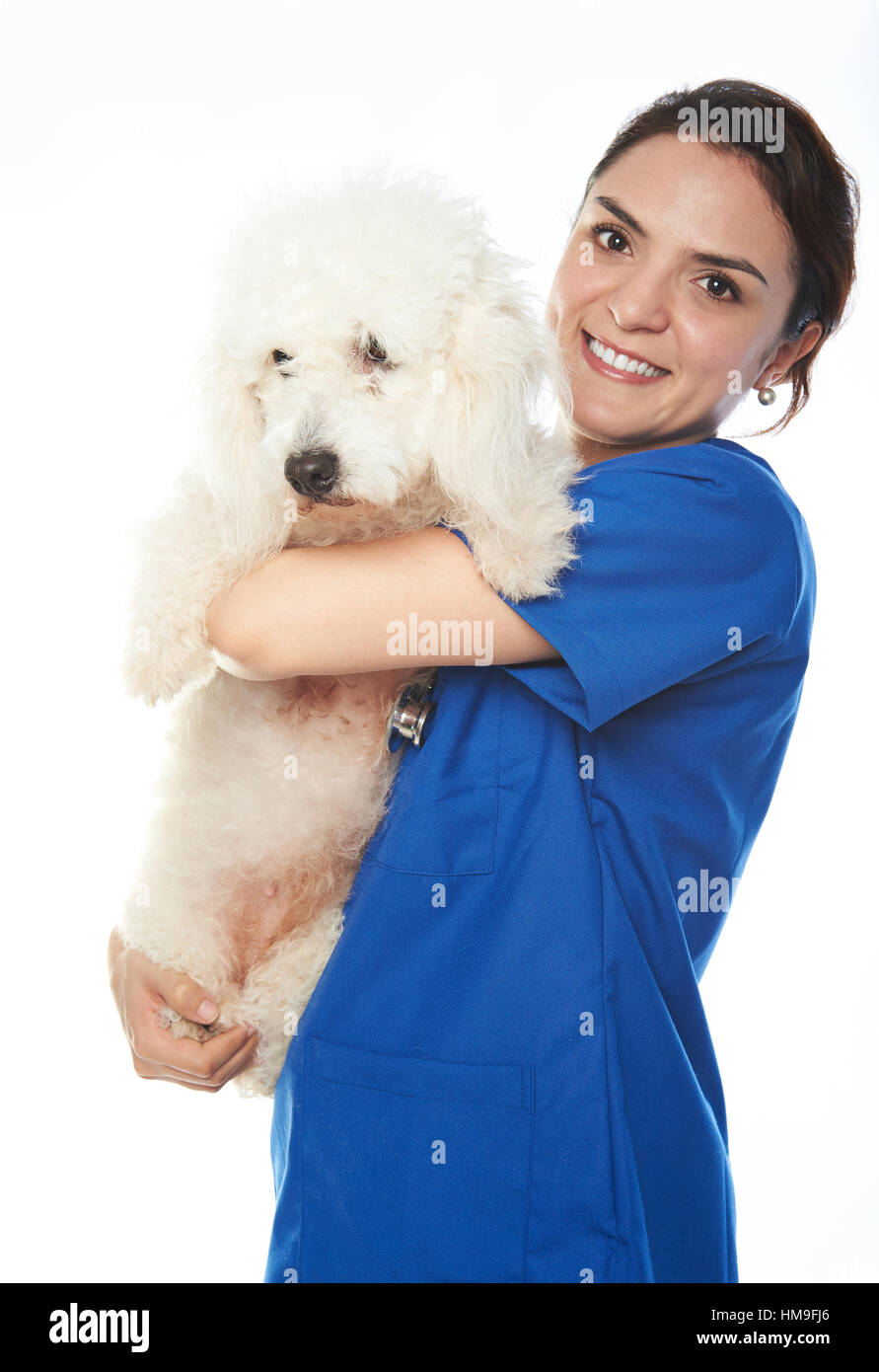 happy nurse with dog isolated on white background Stock Photo - Alamy