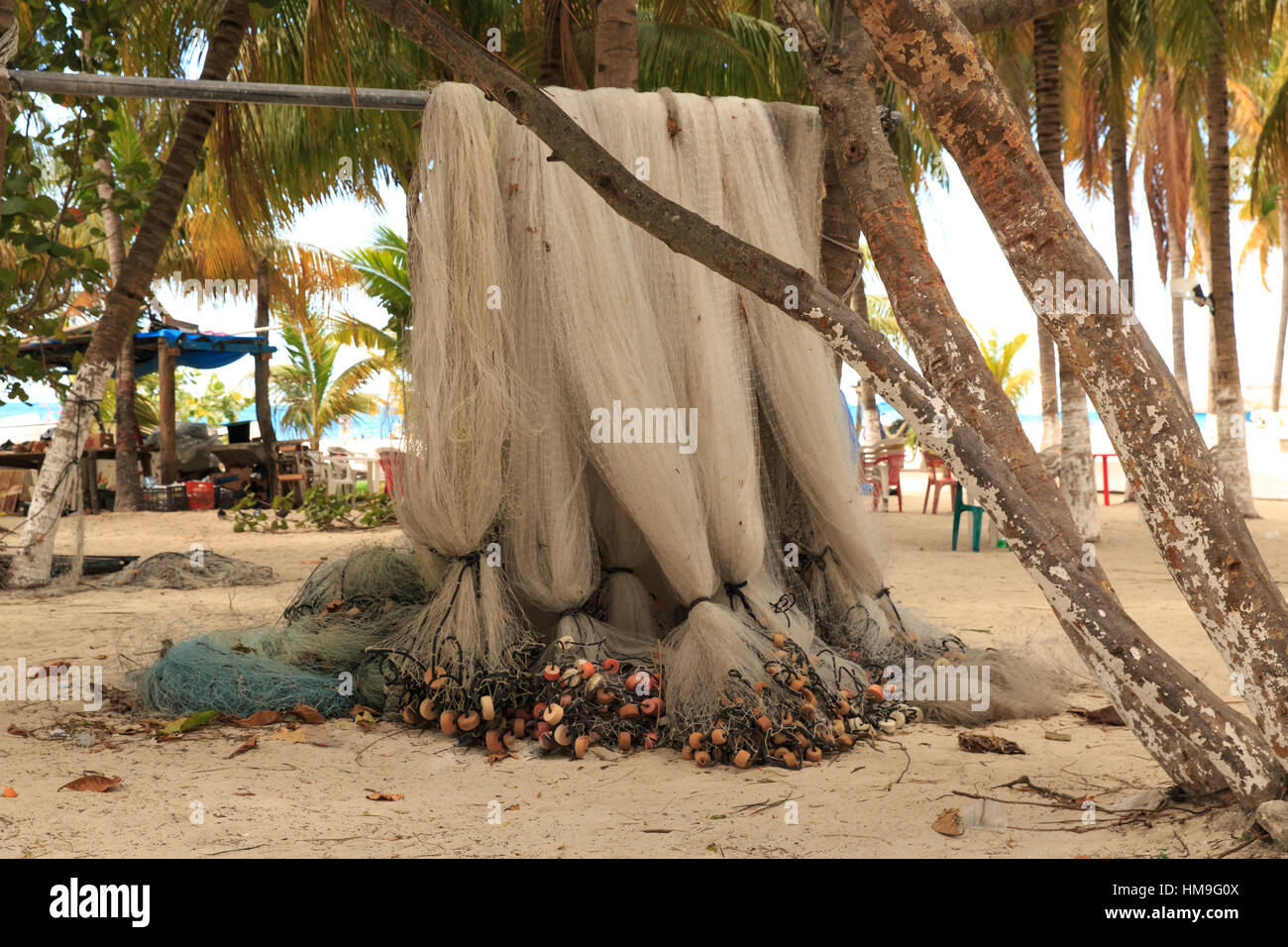 Very large fishing nets drying out on the beach on Isla Mujeres, Mexico ...
