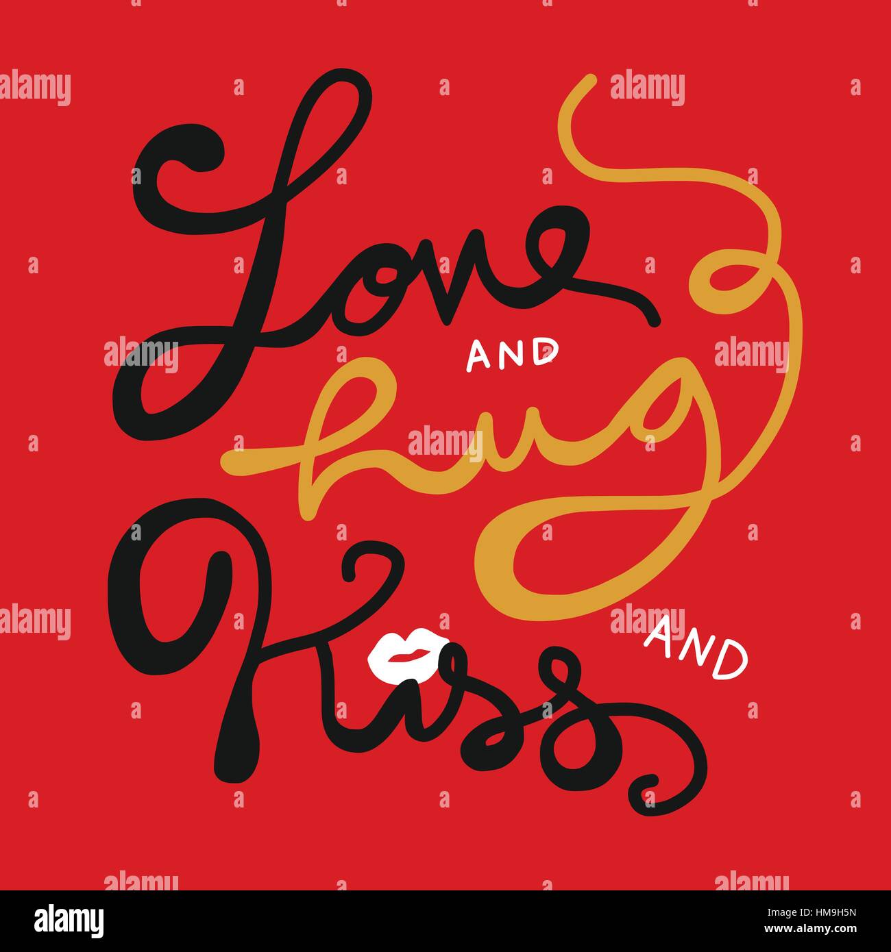 Love , Hug and Kiss word lettering illustration on red background Stock ...