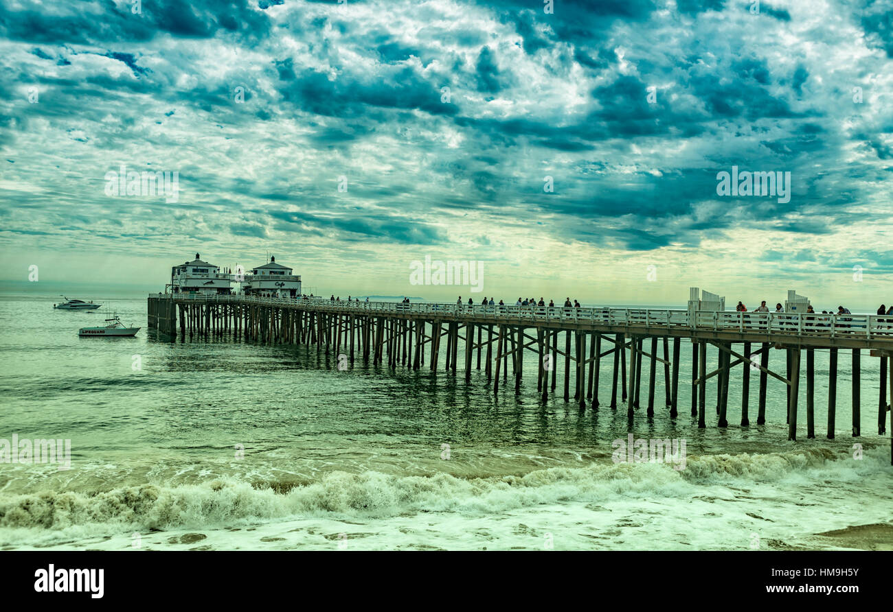 Malibu Pier in beautiful day - Big wave rushing under bridge 7 Stock ...