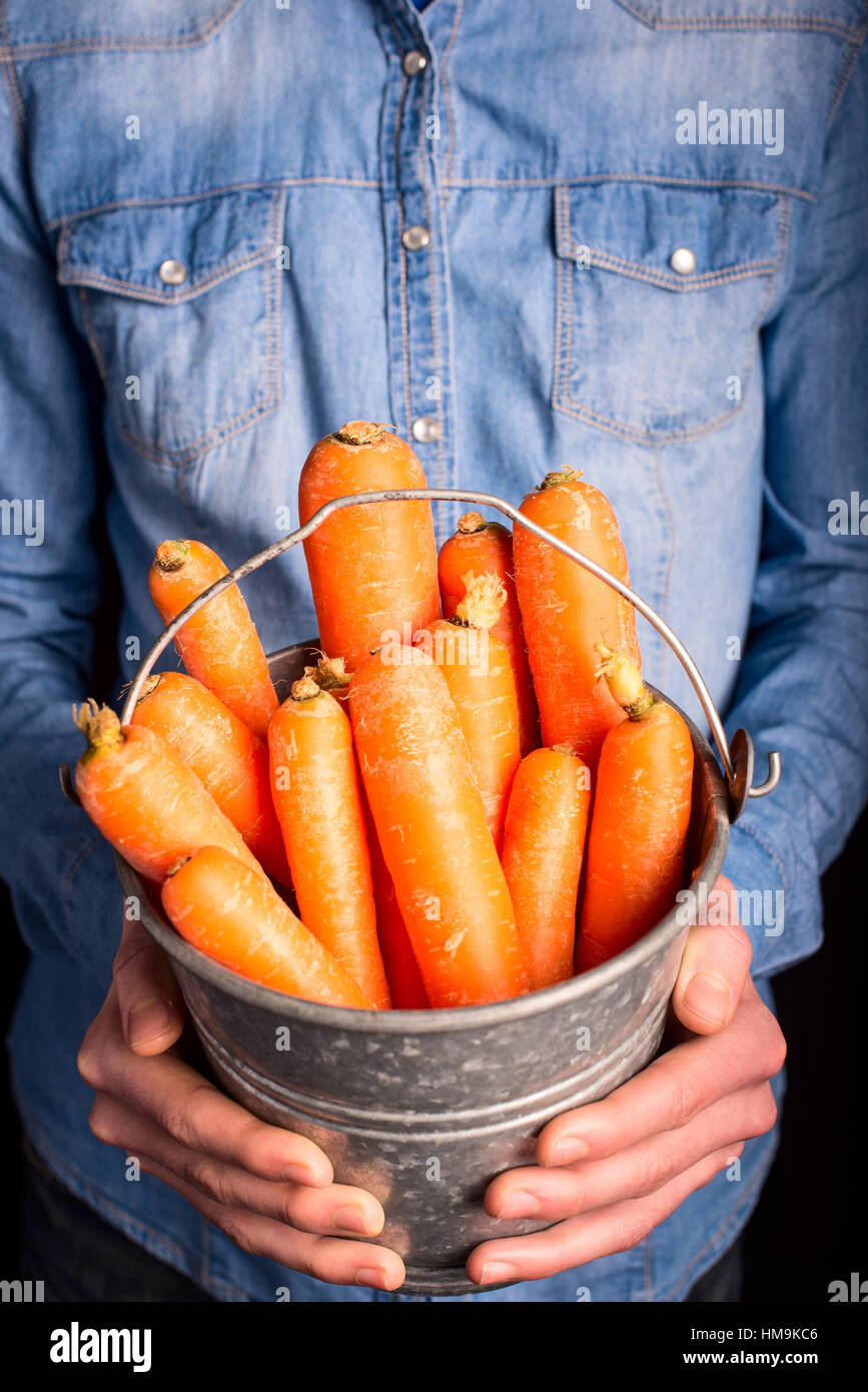carrots bucket in hands - vegetarian and vegan people Stock Photo - Alamy
