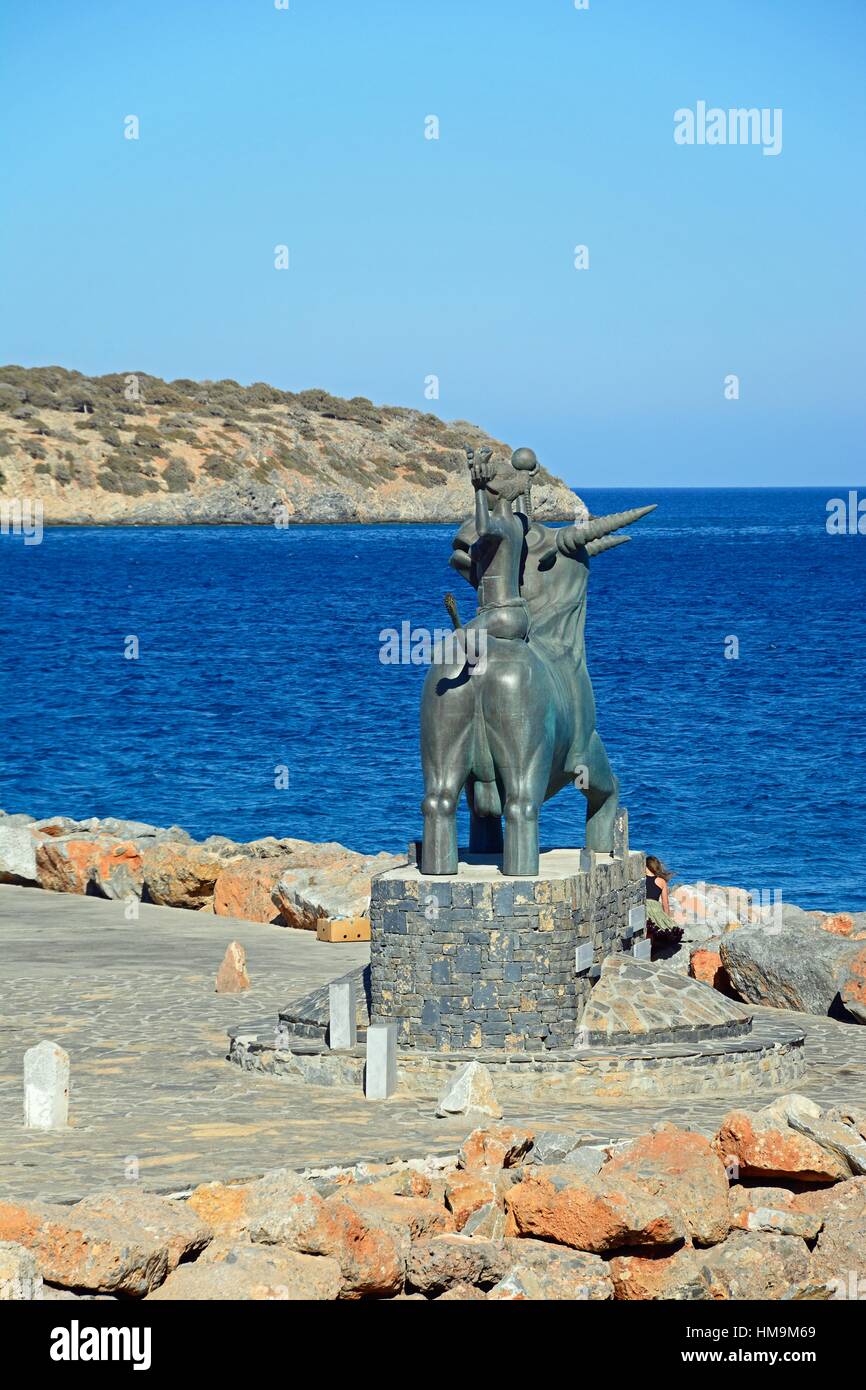 Statue of Europe sitting on a bull at the waters edge, Agios Nikolaos ...