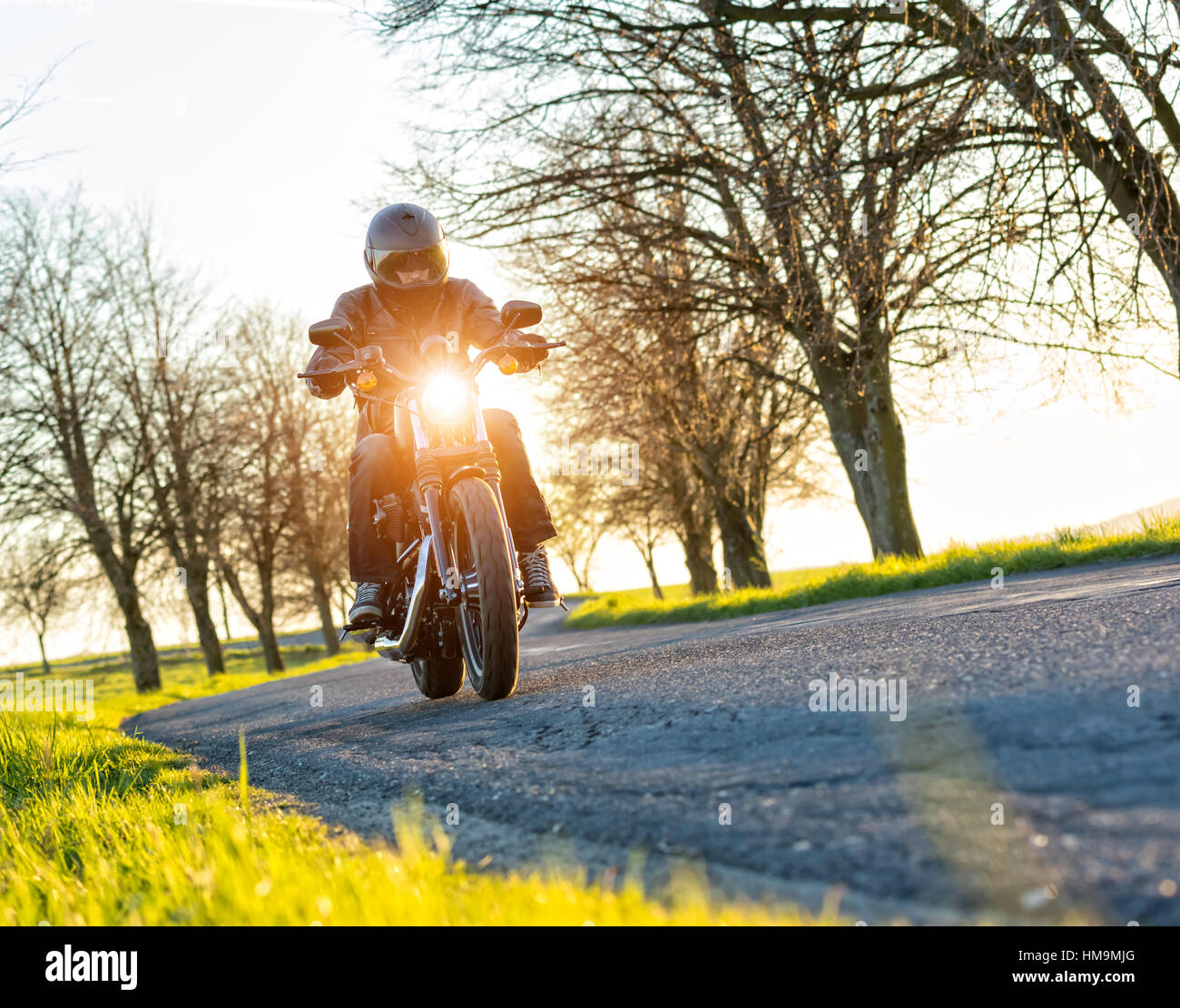 Motorcycle driver driving in sunset, blur grass on foreground Stock ...