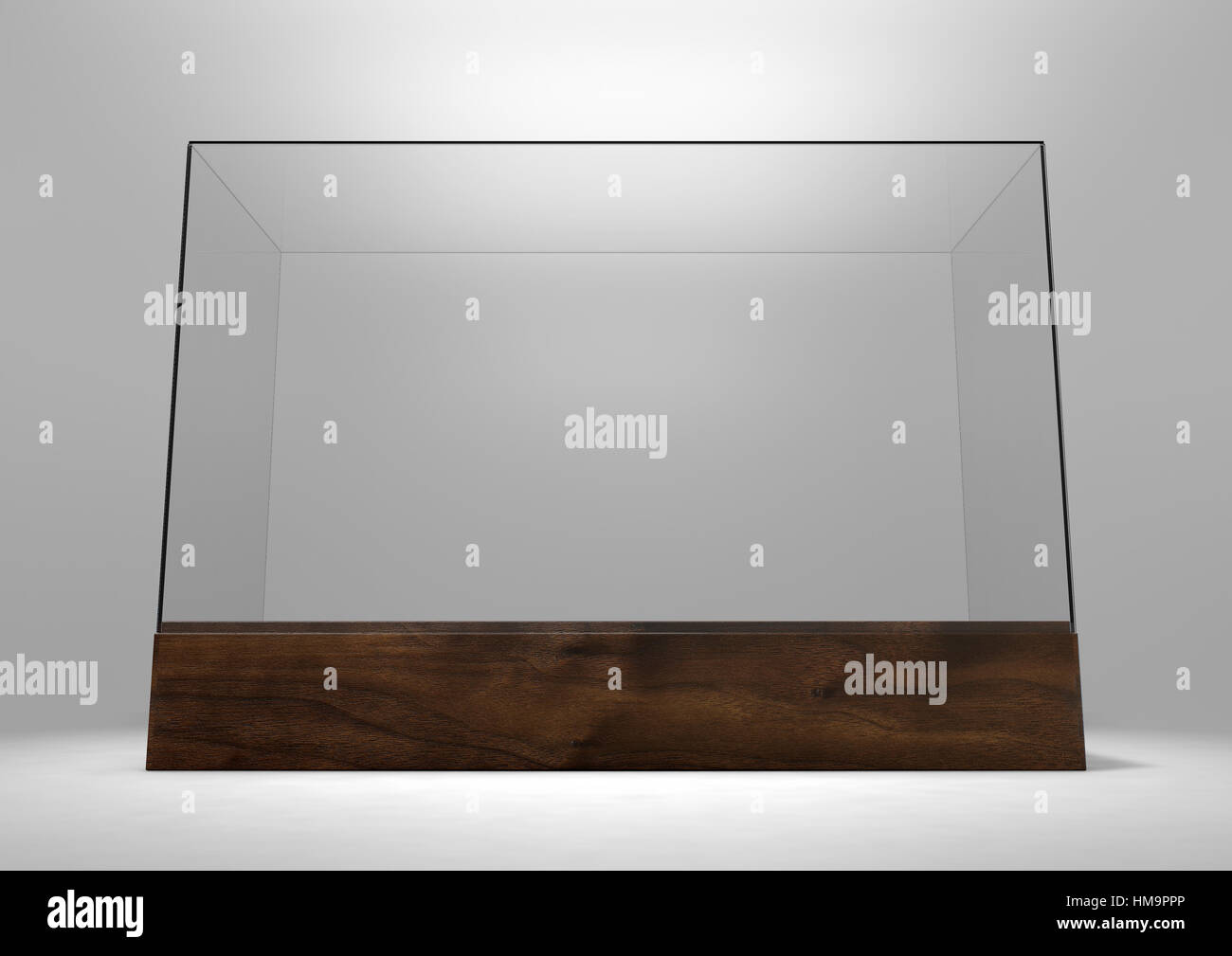 An empty rectangular glass display case with a wooden base on an ...