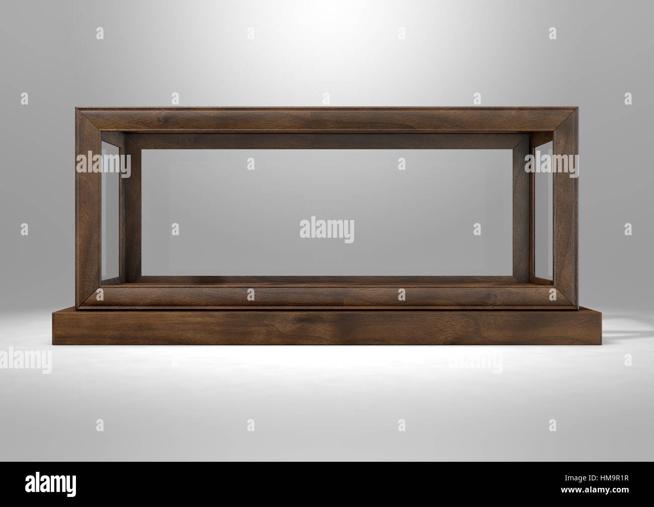 An empty glass display case with a wooden base and frame on an isolated ...
