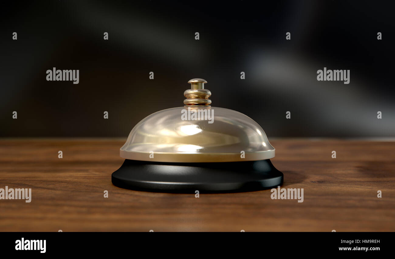 A regular brass service bell on a wooden counter surface. 3D render ...