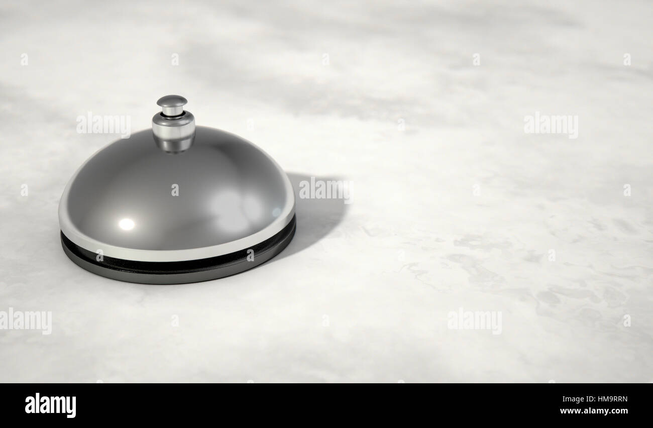 A modern metal service bell on a white marble surface. 3D render Stock ...