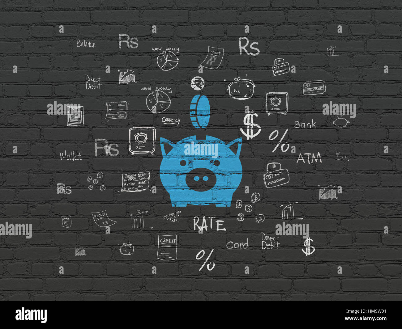 Currency concept: Painted blue Money Box With Coin icon on Black Brick ...