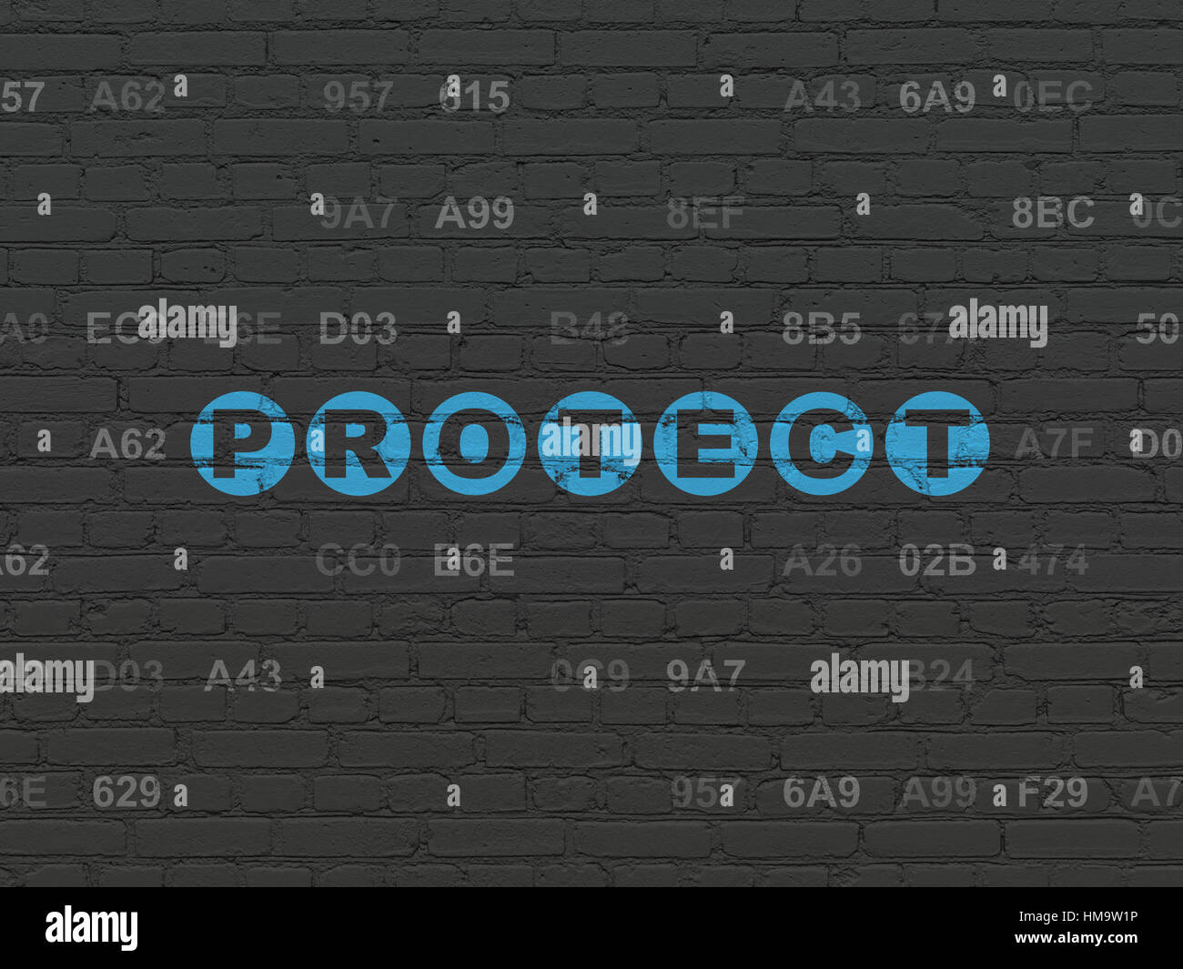 Privacy concept: Painted blue text Protect on Black Brick wall ...