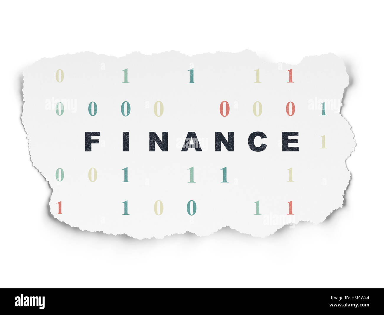 Finance concept: Painted black text Finance on Torn Paper background with Binary Code Stock ...