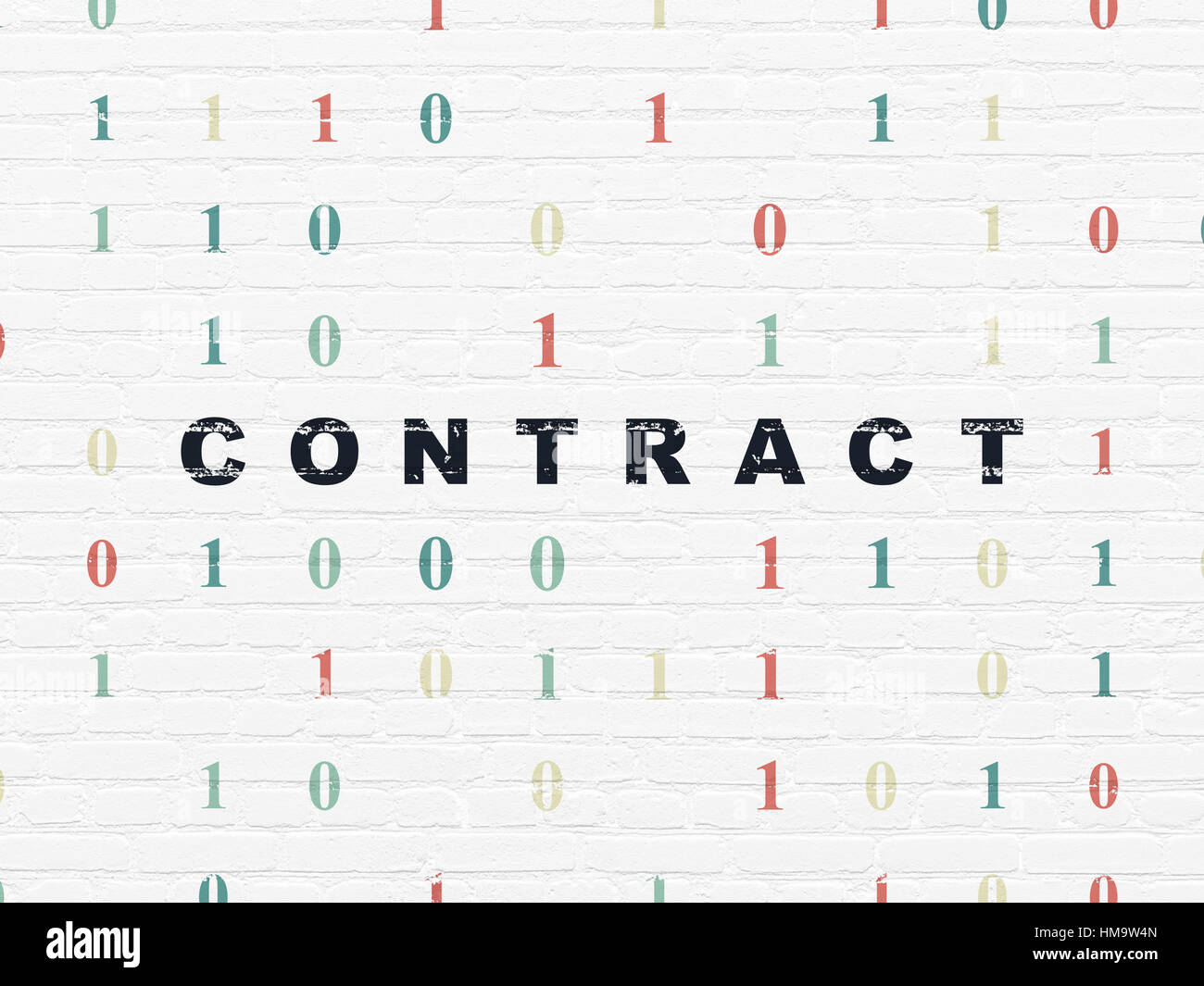 Finance concept: Painted black text Contract on White Brick wall background with Binary Code ...