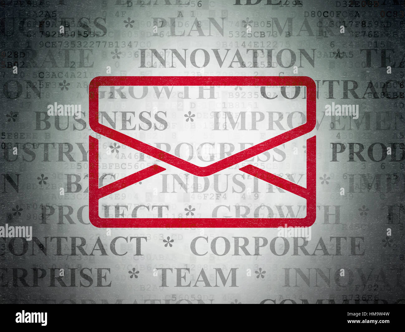 Business concept: Painted red Email icon on Digital Data Paper background with Tag Cloud Stock ...