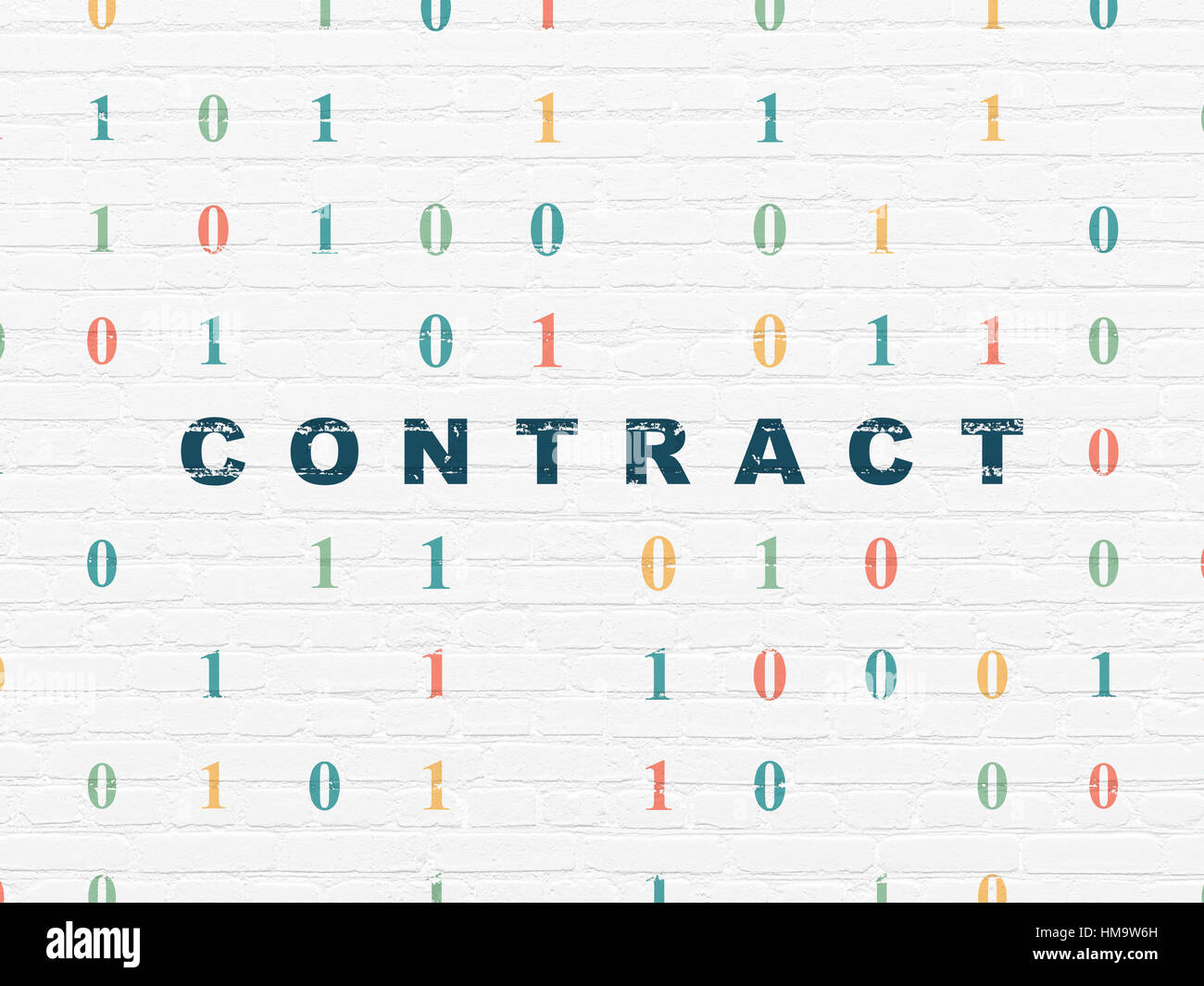 Finance concept: Painted blue text Contract on White Brick wall ...