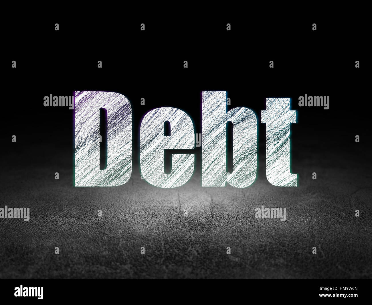 Business concept: Glowing text Debt in grunge dark room with Dirty ...