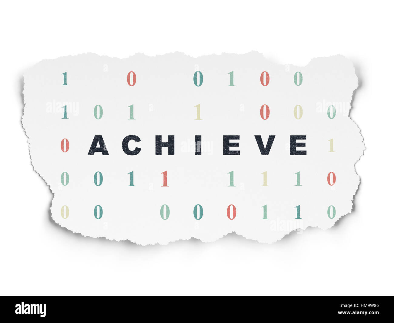 Business concept: Painted black text Achieve on Torn Paper background with Binary Code Stock ...