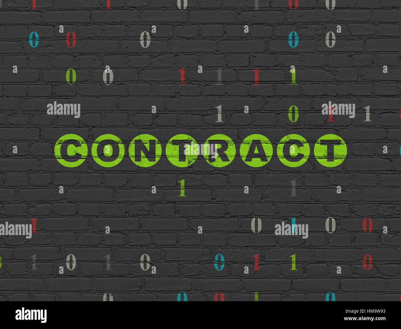 Finance concept: Painted green text Contract on Black Brick wall background with Binary Code ...