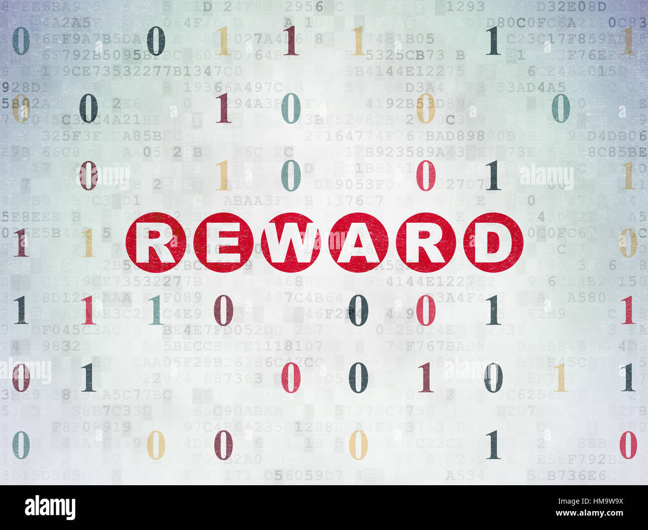 Finance concept: Painted red text Reward on Digital Data Paper background with Binary Code Stock ...