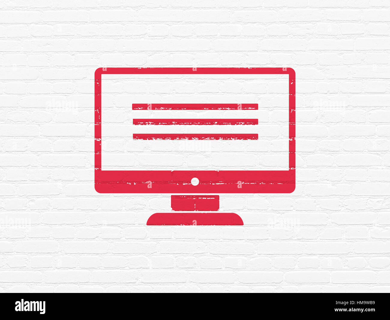 Web development concept: Painted red Monitor icon on White Brick wall ...