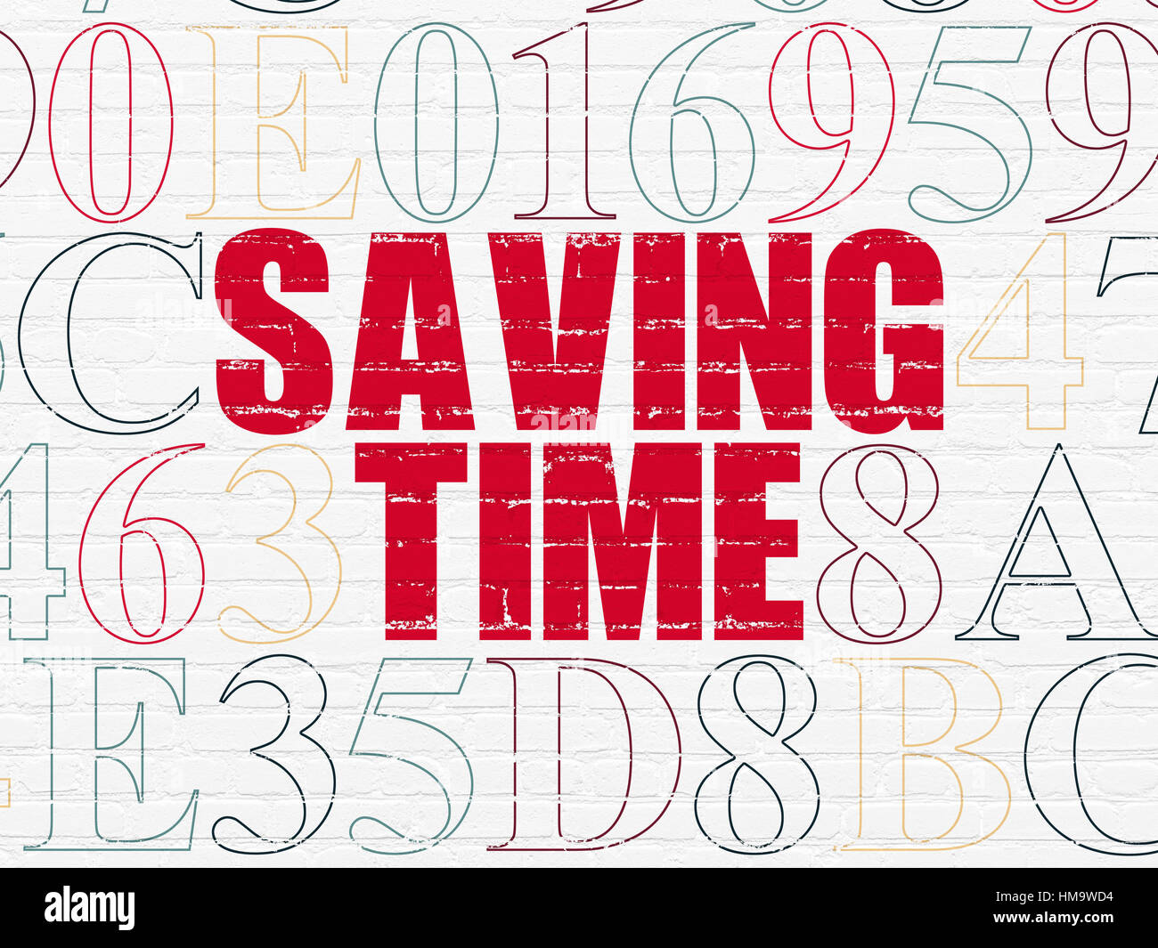 Time concept: Painted red text Saving Time on White Brick wall ...