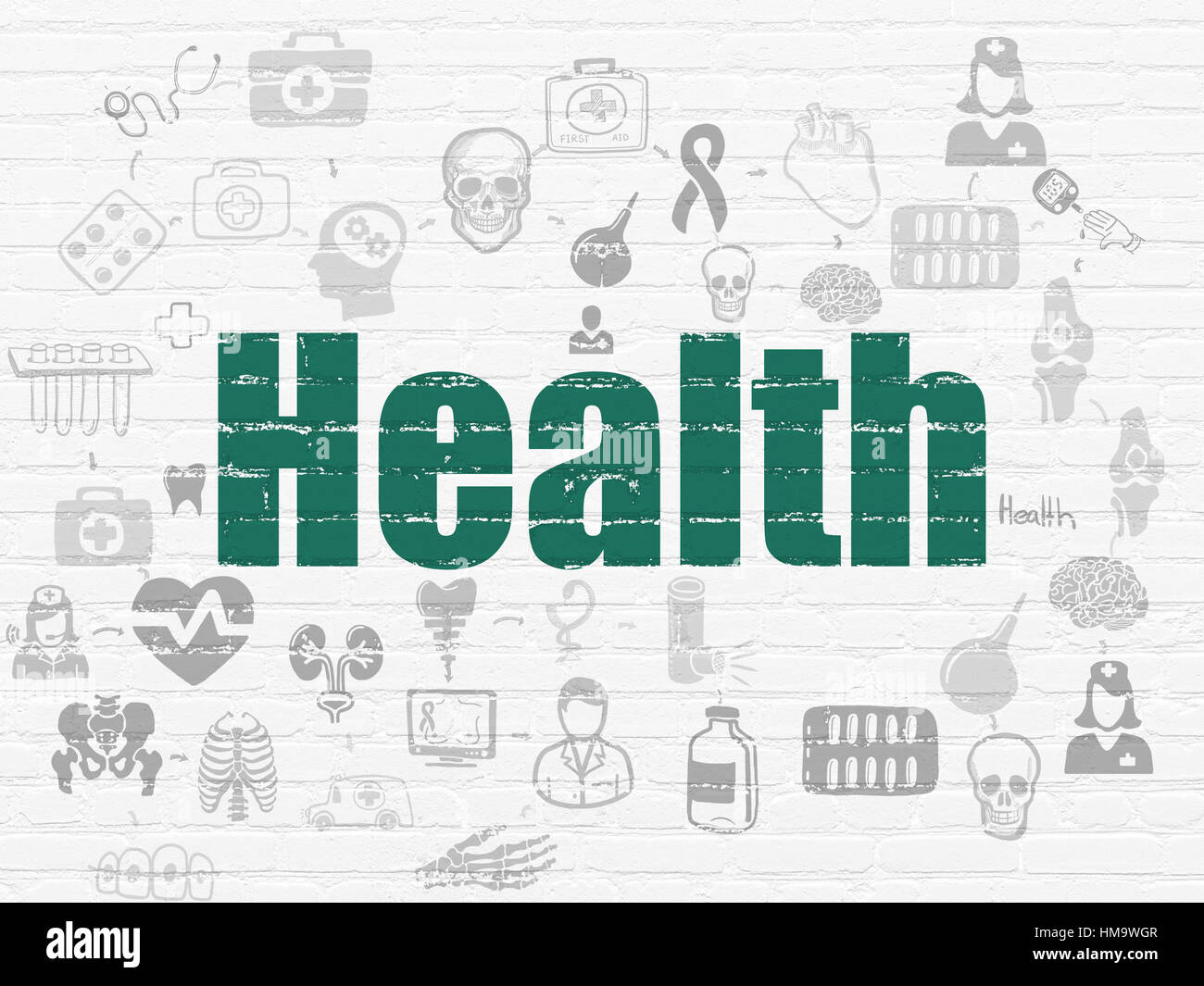 Health concept: Painted green text Health on White Brick wall ...